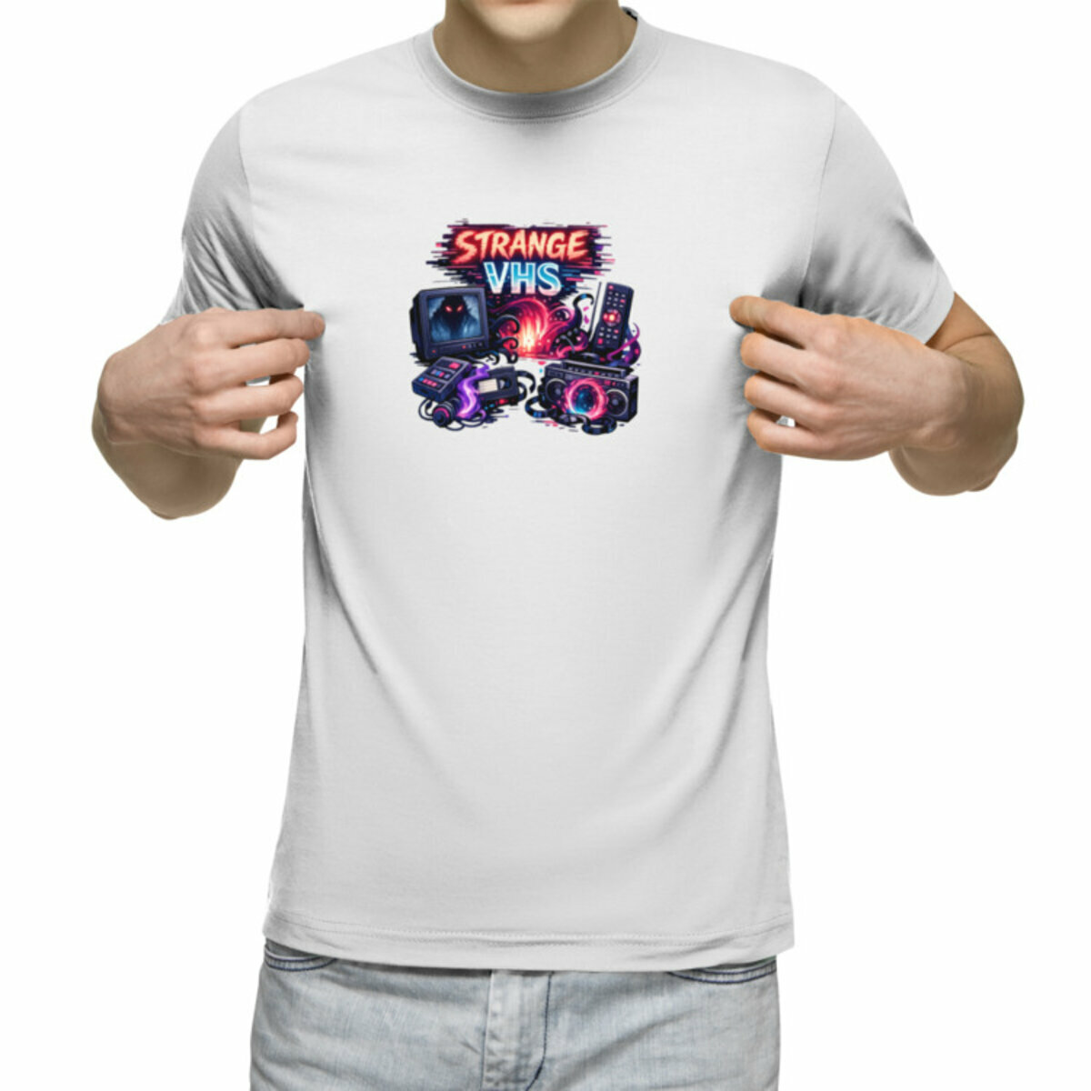 Мужская футболка «Фильмы ужасов в ретро стиле VHS» (белый, S)