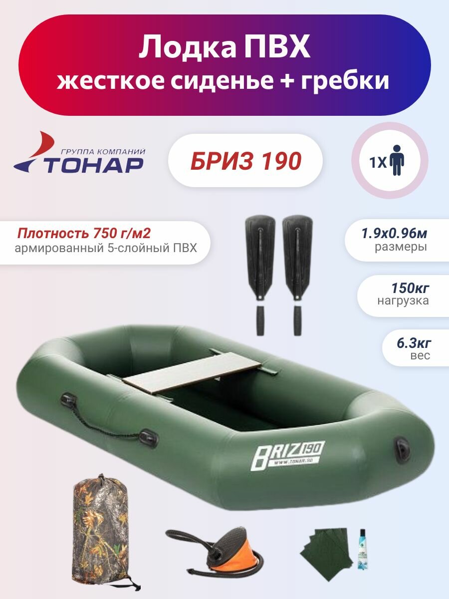Надувная лодка пвх одноместная для рыбалки Тонар Бриз 190 (гребки + жесткое сиденье), зеленый