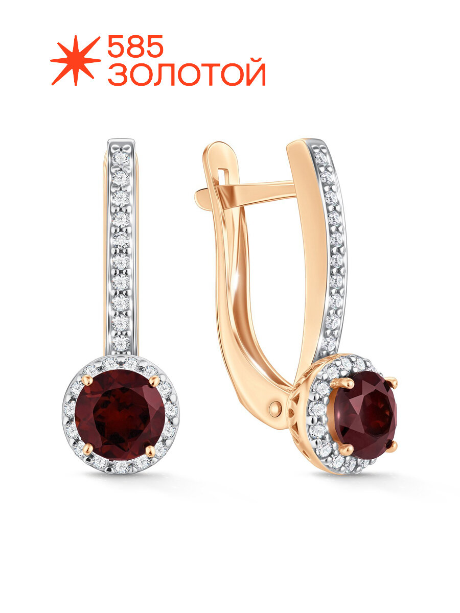 Серьги 585 ЗОЛОТОЙ, красное золото, 585 проба, родирование, фианит, гранат