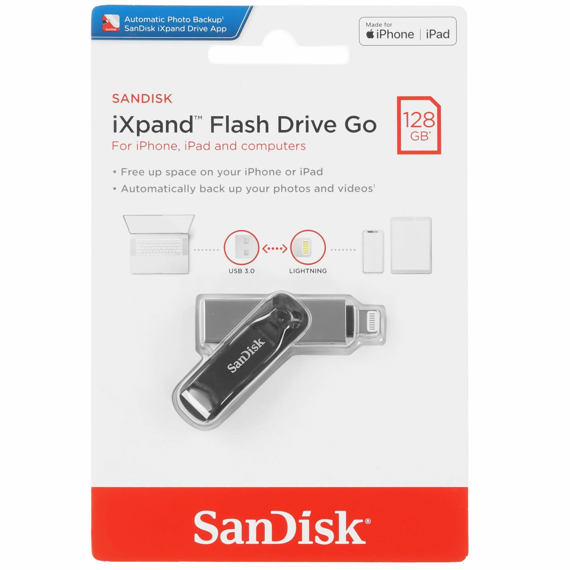Память USB Flash 128 ГБ SANDISK iXpand Go (SDIX60N-128G-GN6NE) - USB3.2, Apple Lightning