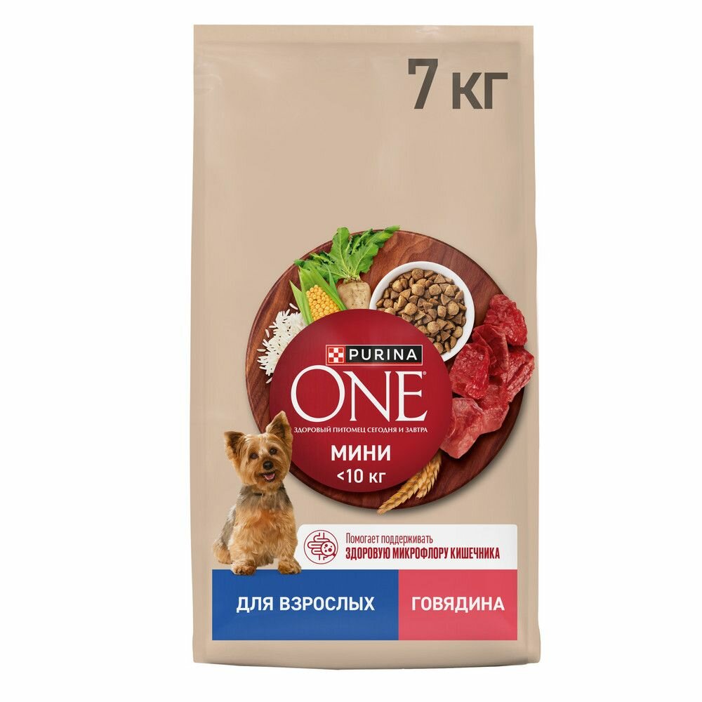 Сухой корм Purina ONE для взрослых собак мелких и карликовых пород, с высоким содержанием говядины и с рисом, 7 кг