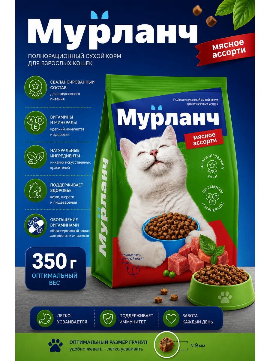 Корм сухой для кошек мясное ассорти 350г