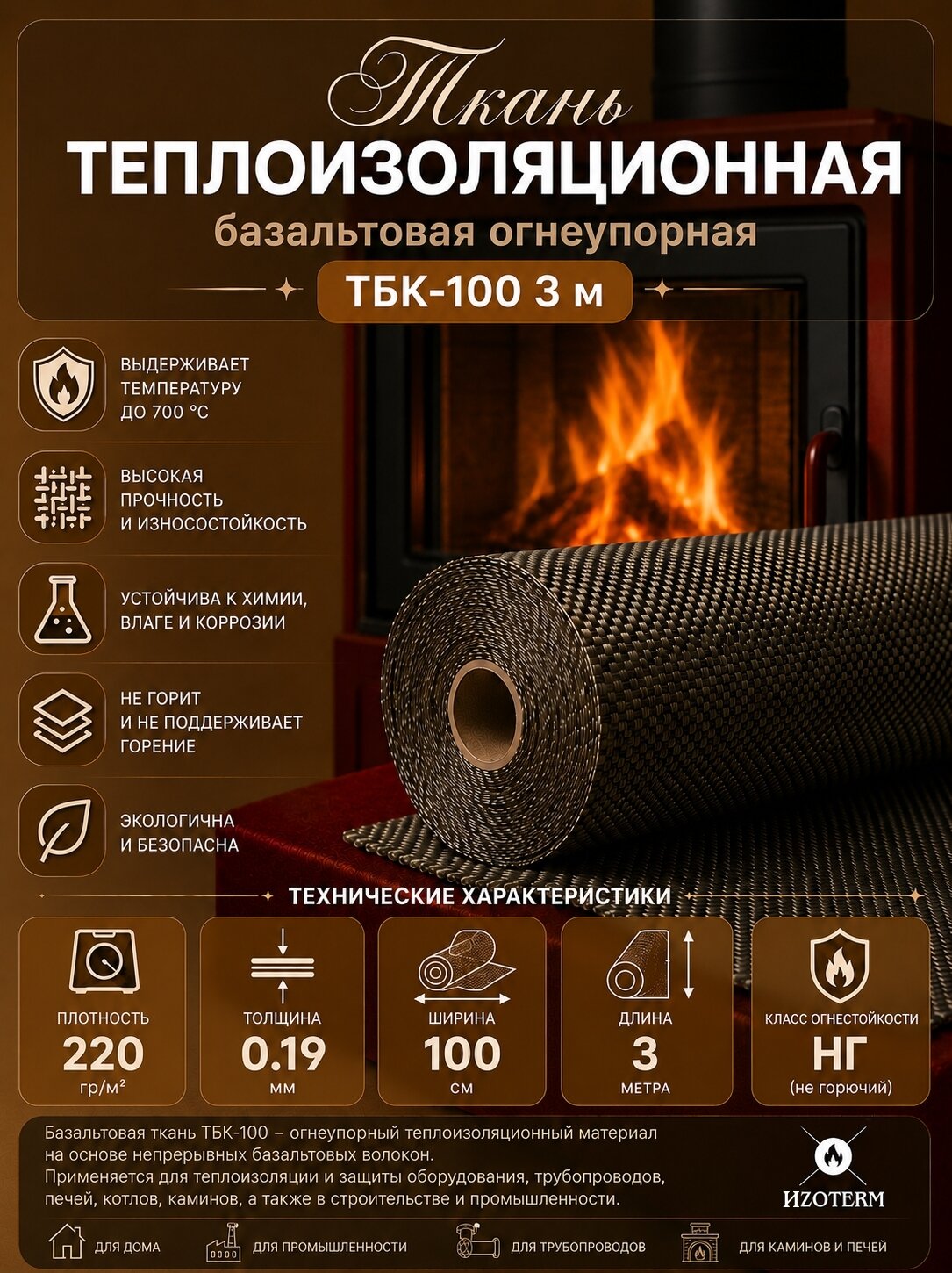 Базальтовая ткань огнеупорная термостойкая, замена асбеста и кремнезёма, негорючий теплоизоляционный материал для печей, каминов и дымоходов 3 м.