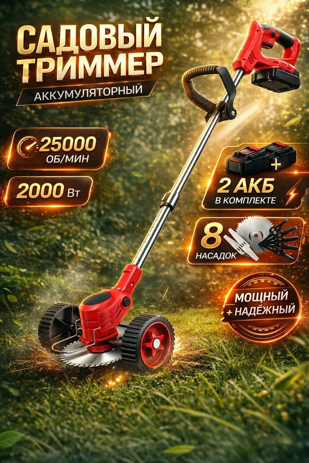 Триммеры с колесами аккумуляторный садовый с двумя аккумуляторами, газонокосилка ручная 20000 об. мин