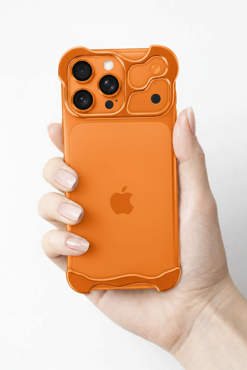 Чехол на Айфон 17 Про (iPhone 17 Pro) металлический с защитой камеры и поддержкой беспроводной зарядки, оранжевый