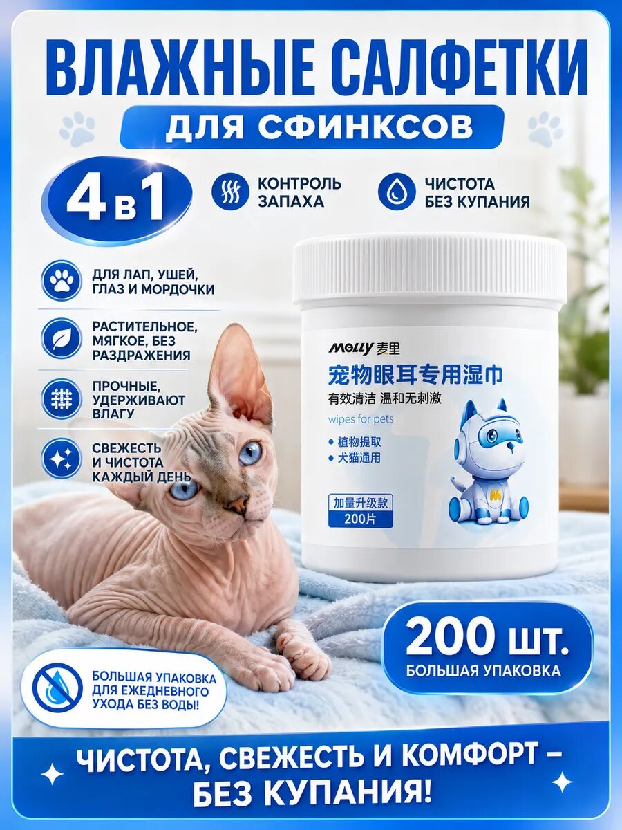Салфетки для кошек сфинкс для глаз и ушей