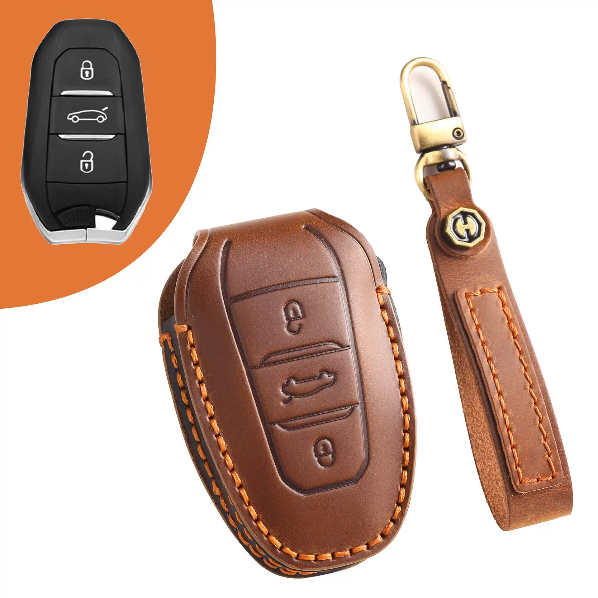 Кожаный чехол для ключей из натуральной кожи для Peugeot 408, 5008, Citroen C5 X, коричневый цвет, подлинная кожа, один