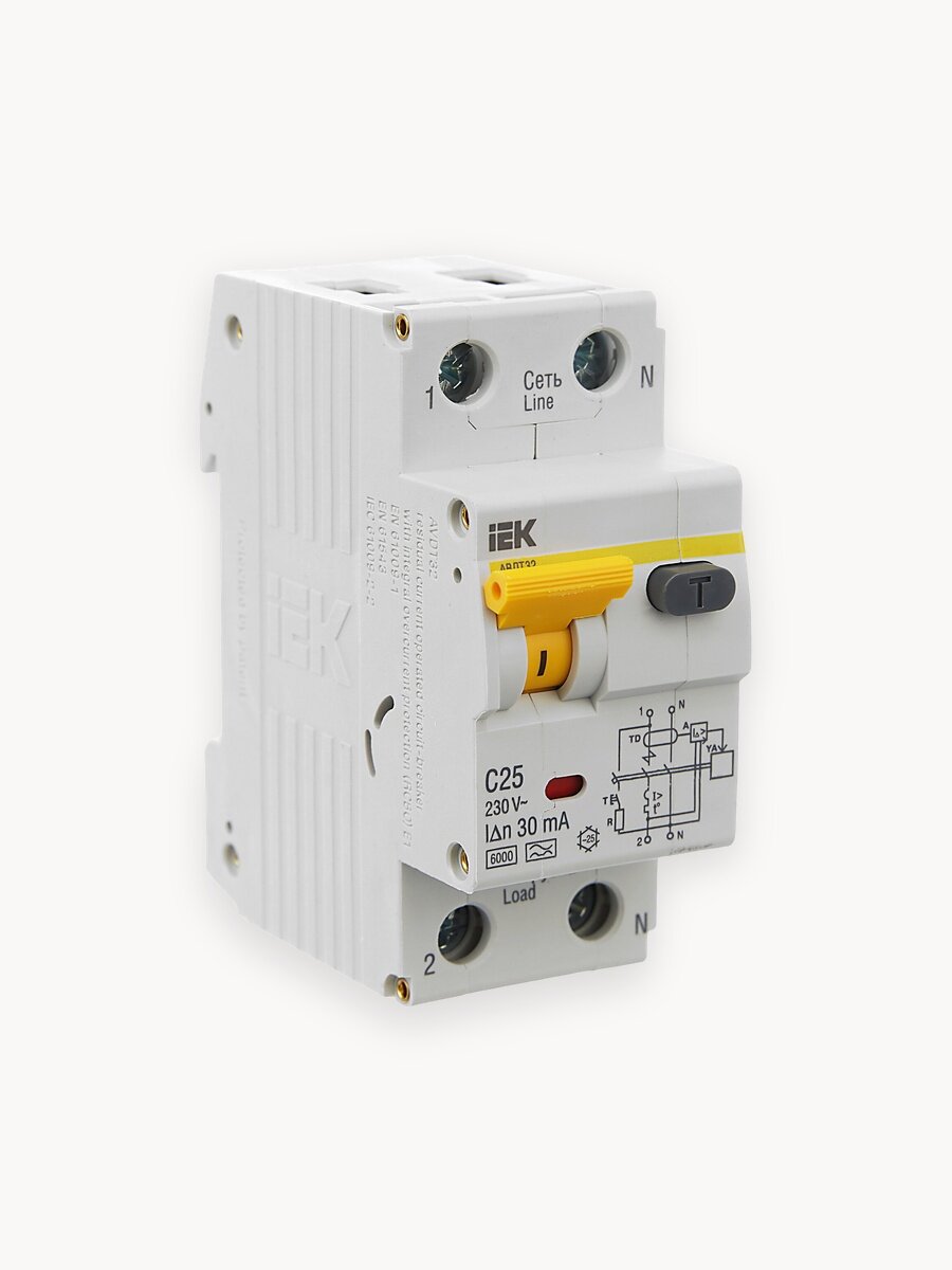Автоматический выключатель дифференциального тока IEK АВДТ32 C25, 25А, 30мА, 2 полюса, 6кА, тип C, IP20