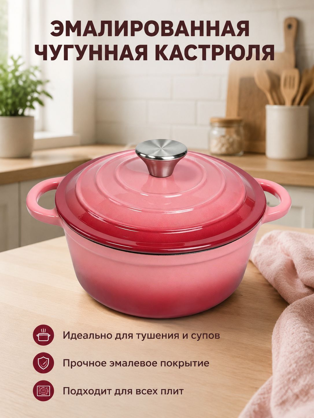 Чугунная кастрюля с эмалевым покрытием, 24 см, цвет ледяная роза, для тушения и супов на всех плитах