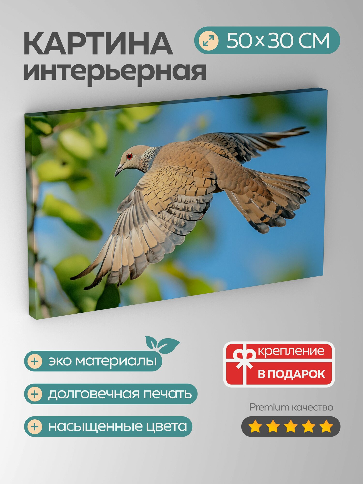 Картина на холсте интерьерная 50х30 см, голубь, полет, высокое разрешение, четкость, детализация, голубое небо, красота