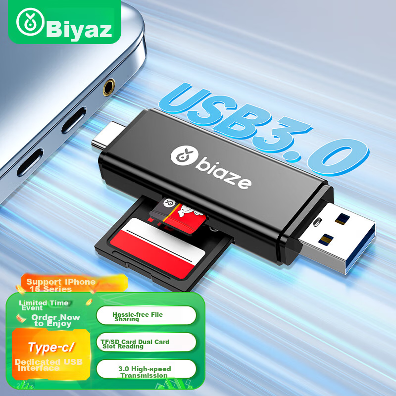 Biyazi USB3.0 high speed SD/TF card reader multi-function Type-C Apple 16/15 mobile phone all-in-one SLR camera ccd monitoring recorder storage memory card black