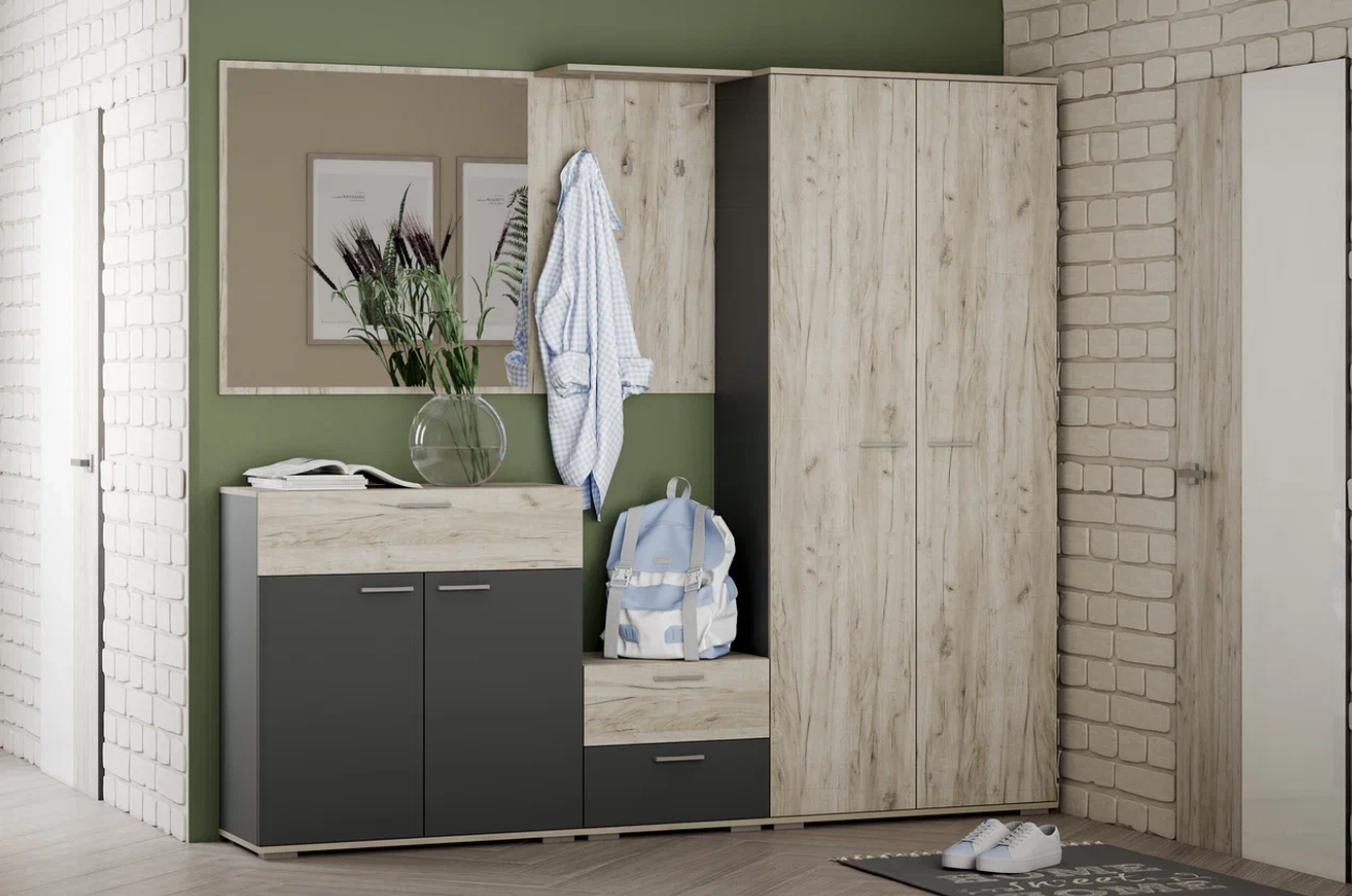 Прихожая Сильва Санти комплектация 1 (НМ 013.77+НМ 040.01+НМ 014.16+НМ 013.24+НМ 040.42) Антрацит, дуб крафт серый