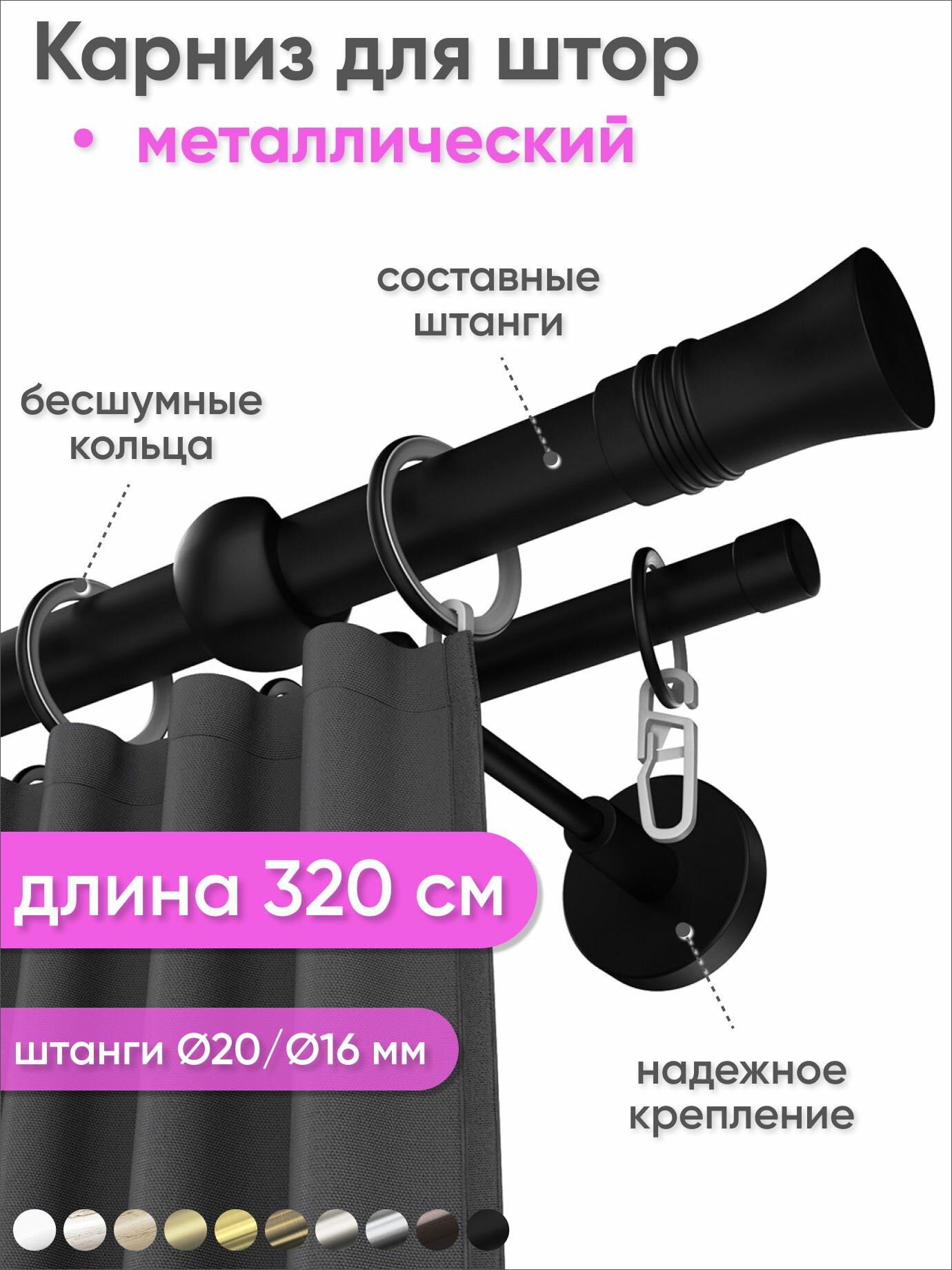 Карниз настенный составной металлический 2 ряда 320см черный Гиро