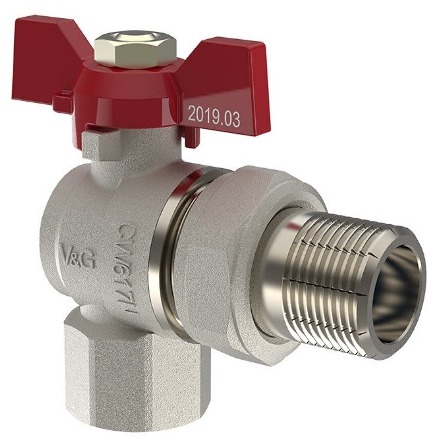 Кран шаровый для воды V&G / В&Г Optima угловой с полусгоном, ручка бабочка, латунь, цвет серый, резьба 3/4" / запорная арматура