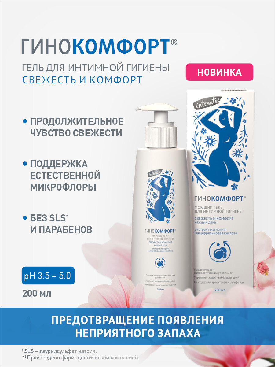 Гель для интимной гигиены Гинокомфорт Свежесть и хлопок, средство для ежедневного ухода, гель для подмывания, 200 мл