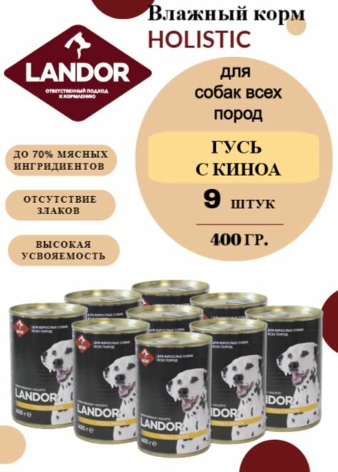 Полнорационный влажный корм LANDOR для собак всех пород гусь с киноа 400г х 9шт.