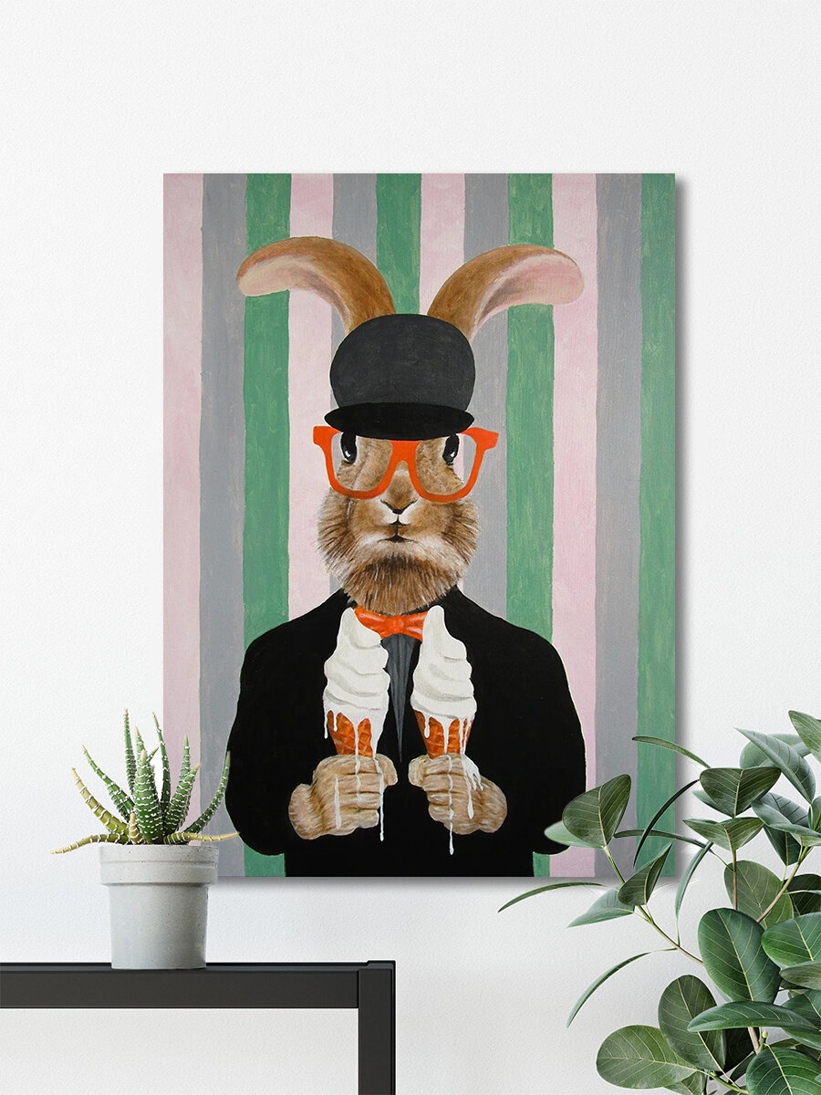 Картины интерьерная - "Заяц с мороженым", смешные животные, 40х60 см.