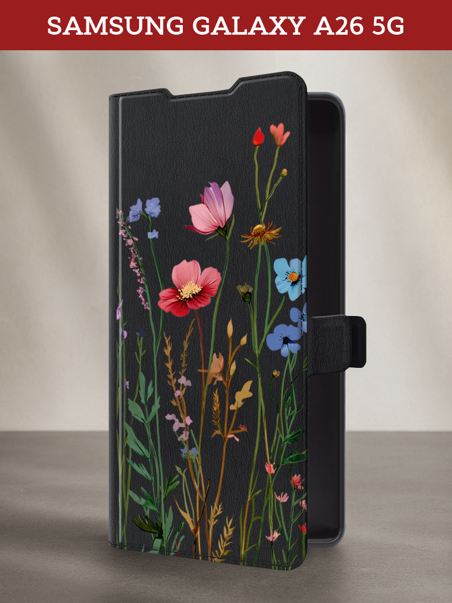 Чехол-книжка на Samsung A26 5G / Самсунг А26 5G с принтом Высокие цветы, черный