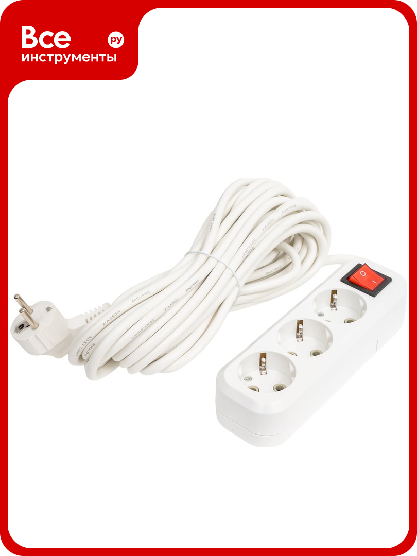 Удлинитель Smartbuy 3 гнезда 10 метров 16А/3,5кВт с выкл. и заземлением ПВС 3х1,0 SBE-16-3-10-ZS