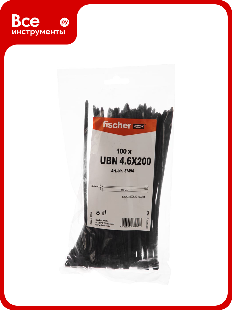 Кабельная стяжка Fischer UBN 4.6X200 устойчивая к УФ 100 шт. 87494
