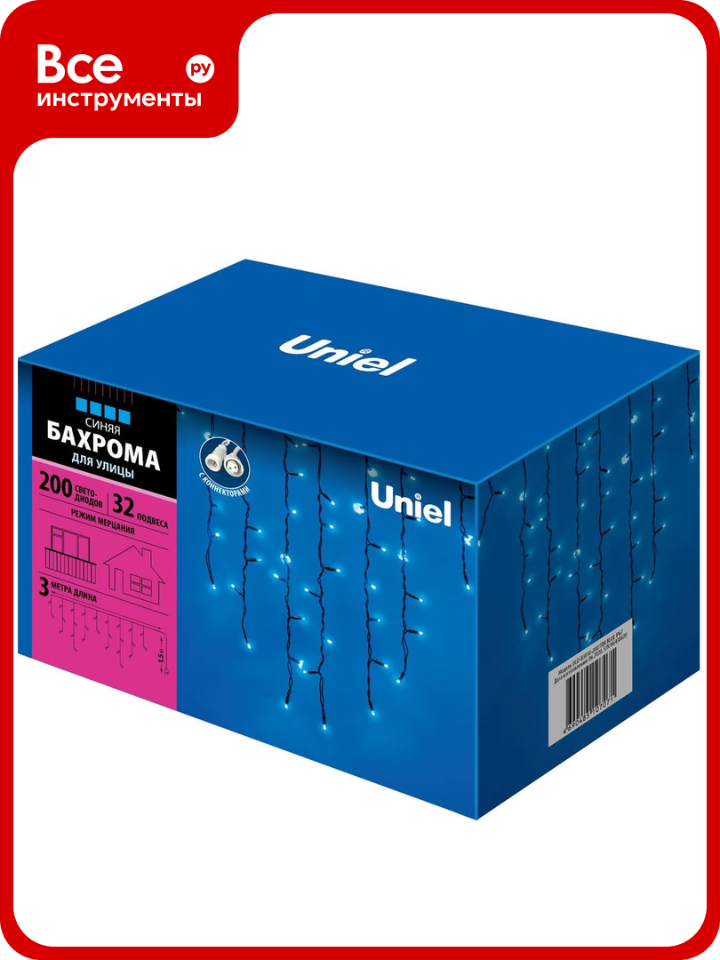 Светодиодная бахрома Uniel ULD-B3010-200/TBK BLUE IP67 с эффектом мерцания, 3м. UL-00003932