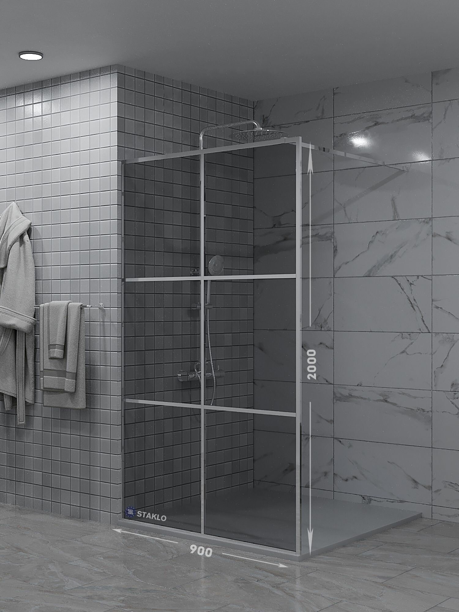Loft душевая одиночная перегородка staklo 90x200 из серого графит стекла хром фурнитура