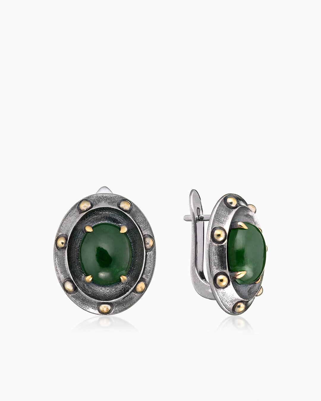 Серьги, серебро, 925 проба, золочение, чернение, нефрит