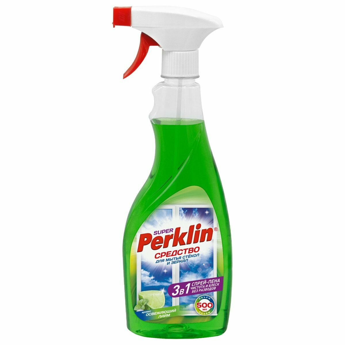 Средство для мытья стекол и зеркал Perklin Super "Освежающий лайм", 500мл, 12шт.