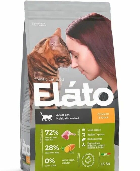 Elato Holistic д/взрослых кошек для выведения шерсти 1,5кг курица и утка
