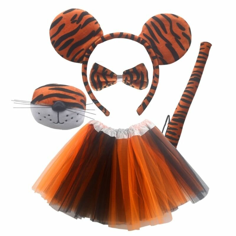 Костюм Tiger cos-супер мягкий комплект из 4 предметов с круглыми ушами tiger и оранжево-черной газовой юбкой