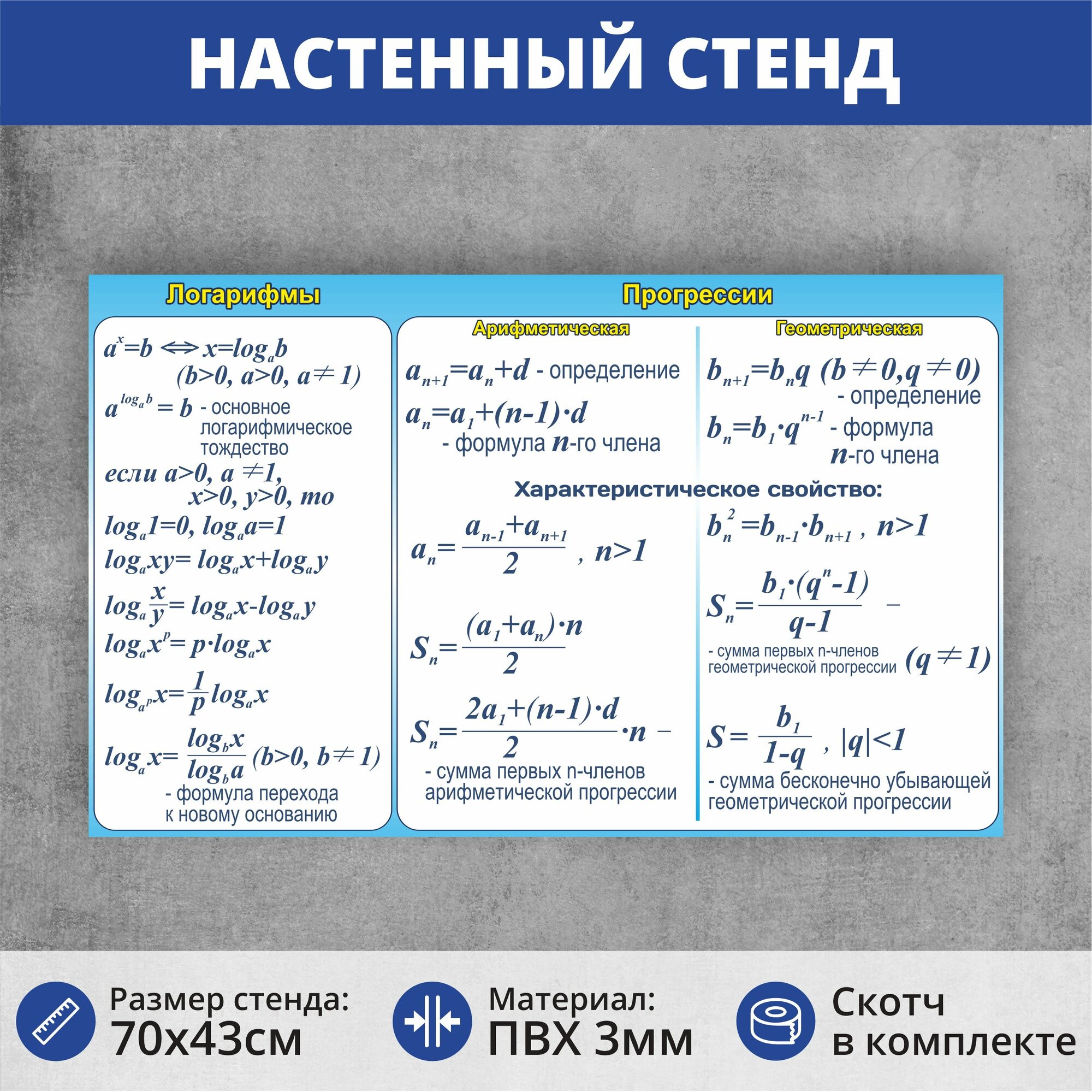 Информационный стенд для класса математики "Логарифмы и прогрессии" (700х430мм)