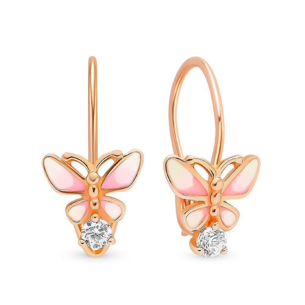 Серьги, красное золото, 585 проба, финифть, фианит