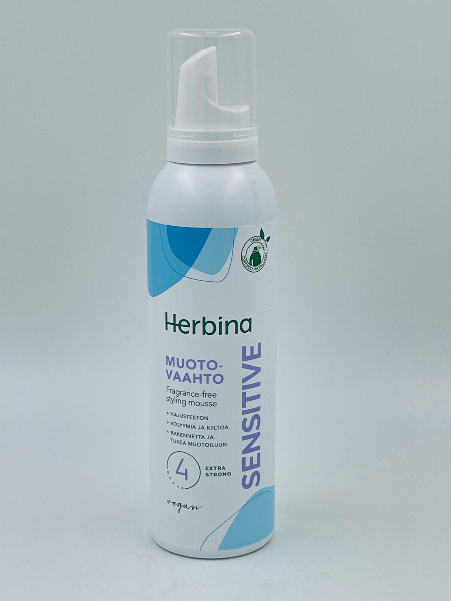 Пена для укладки волос Herbina Sensitive Extra Strong сильной фиксации без отдушки с пантенолом 200 мл (из Финляндии)