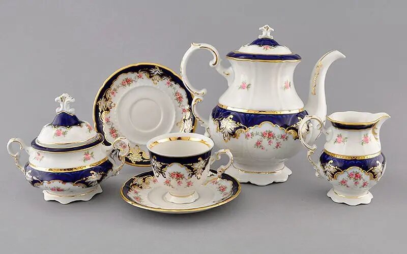 Кофейный сервиз Leander "Кобальт" на 6 персон "Мелкие Цветы" арт07160714-1257, синий и зелёный