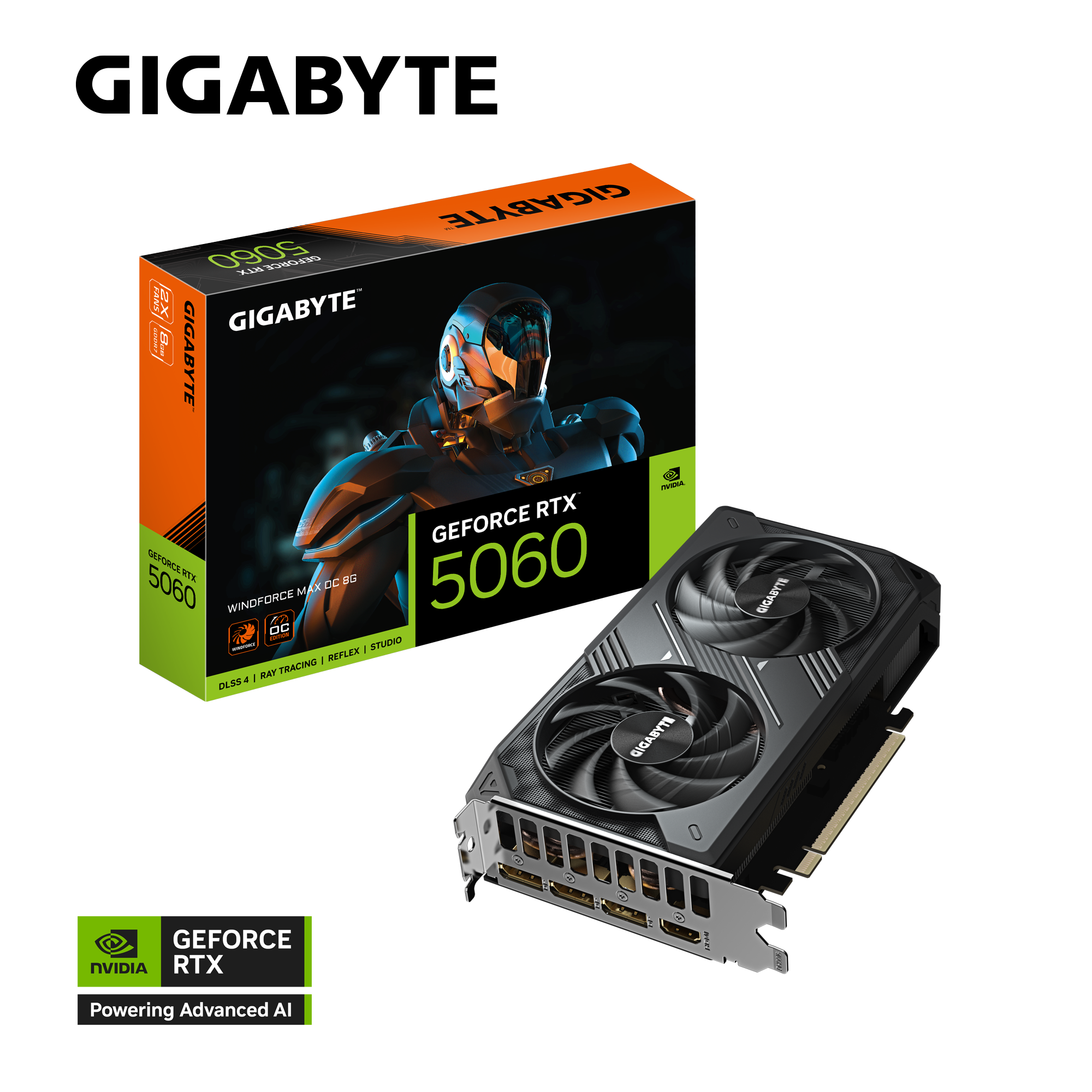 Видеокарта GIGABYTE GeForce RTX 5060 WINDFORCE MAX OC 8G (GV-N5060WF2MAX OC-8GD), 8ГБ GDDR7, 128-bit, PCI-E 5.0, черная
