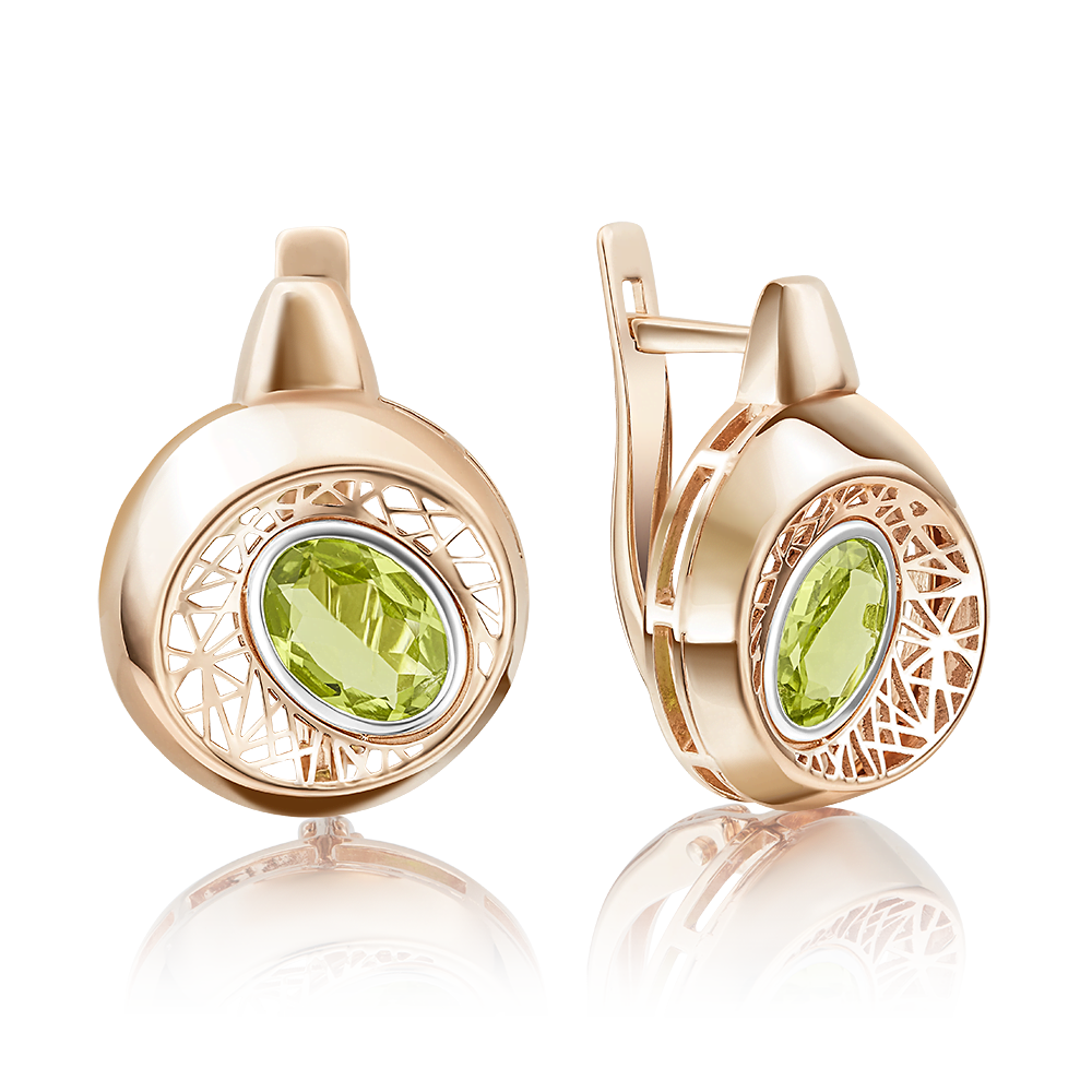 Серьги, красное золото, 585 проба, хризолит