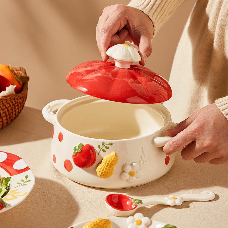 Объемная декоративная керамическая посуда для фруктов и овощей，Миска с крышкой，1000ml