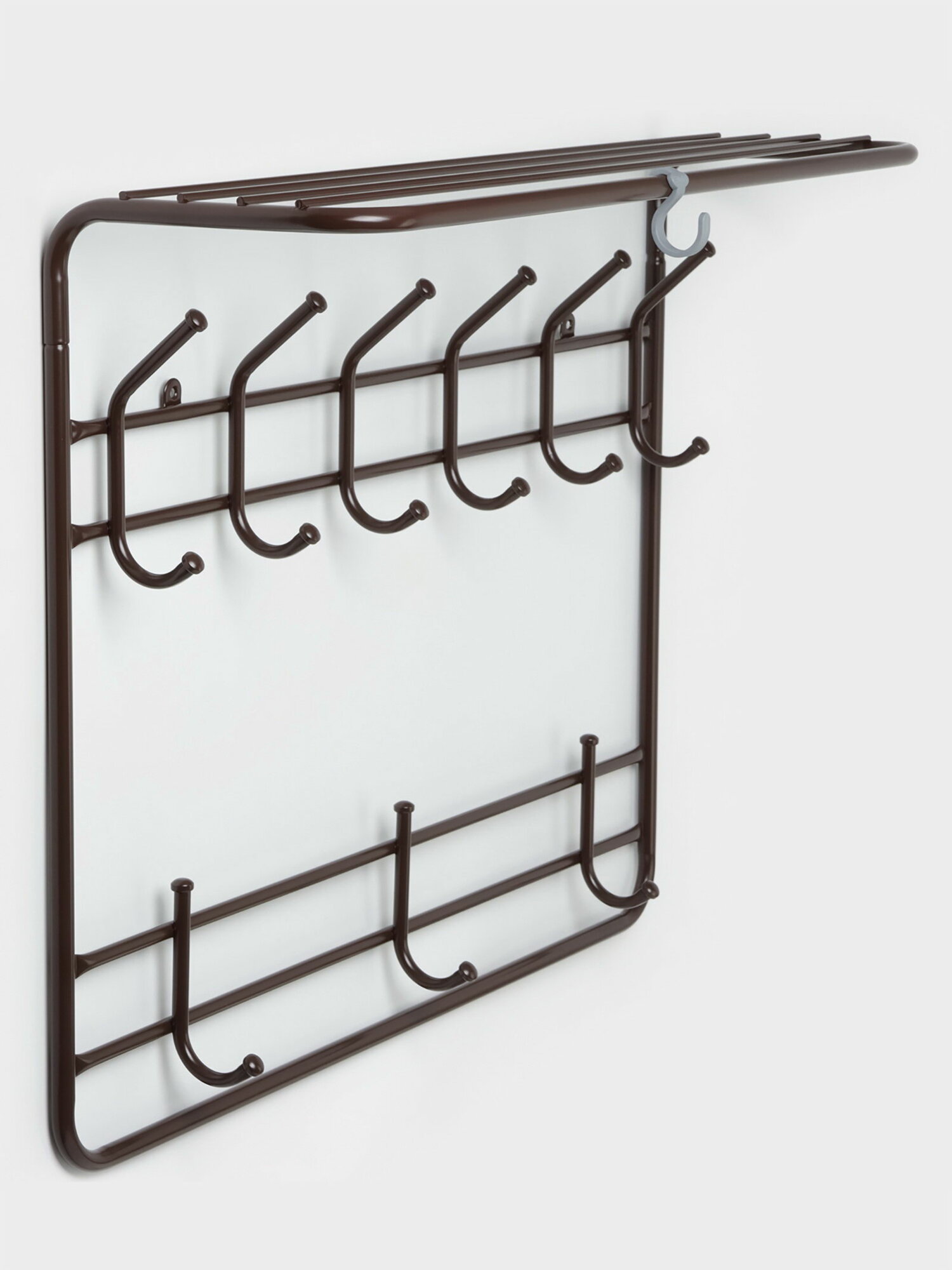 Вешалка настенная с полкой, 9 крючков, 2 яруса, 73x22x58 см, коричневая