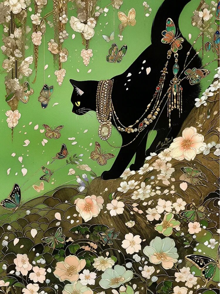 Алмазная живопись 5D черная кошка Темно-зеленый, 20x25cm square, HUA3451