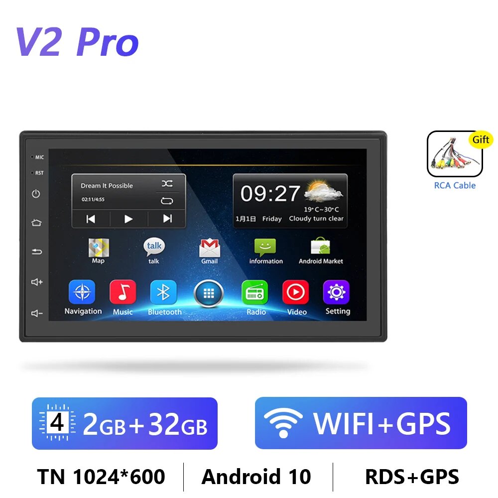 Автомагнитола Podofo 2 Din, 7 дюймов, android 1 + 32 ГБ, GPS-навигация, 2G-32G