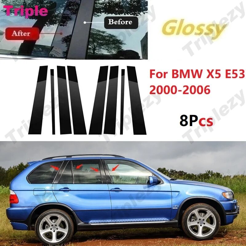 8 шт, глянцевые наклейки на черное окно, B C, дверь, столб, отделка для BMW X5 E53 2000 2001 2002 2003 2004 2005 2006