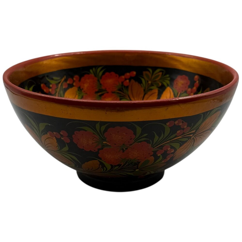 Хохломская роспись Салатник "Малинка", 20 см, дерево, роспись, лак, 1980-1990 гг, Семенов, СССР