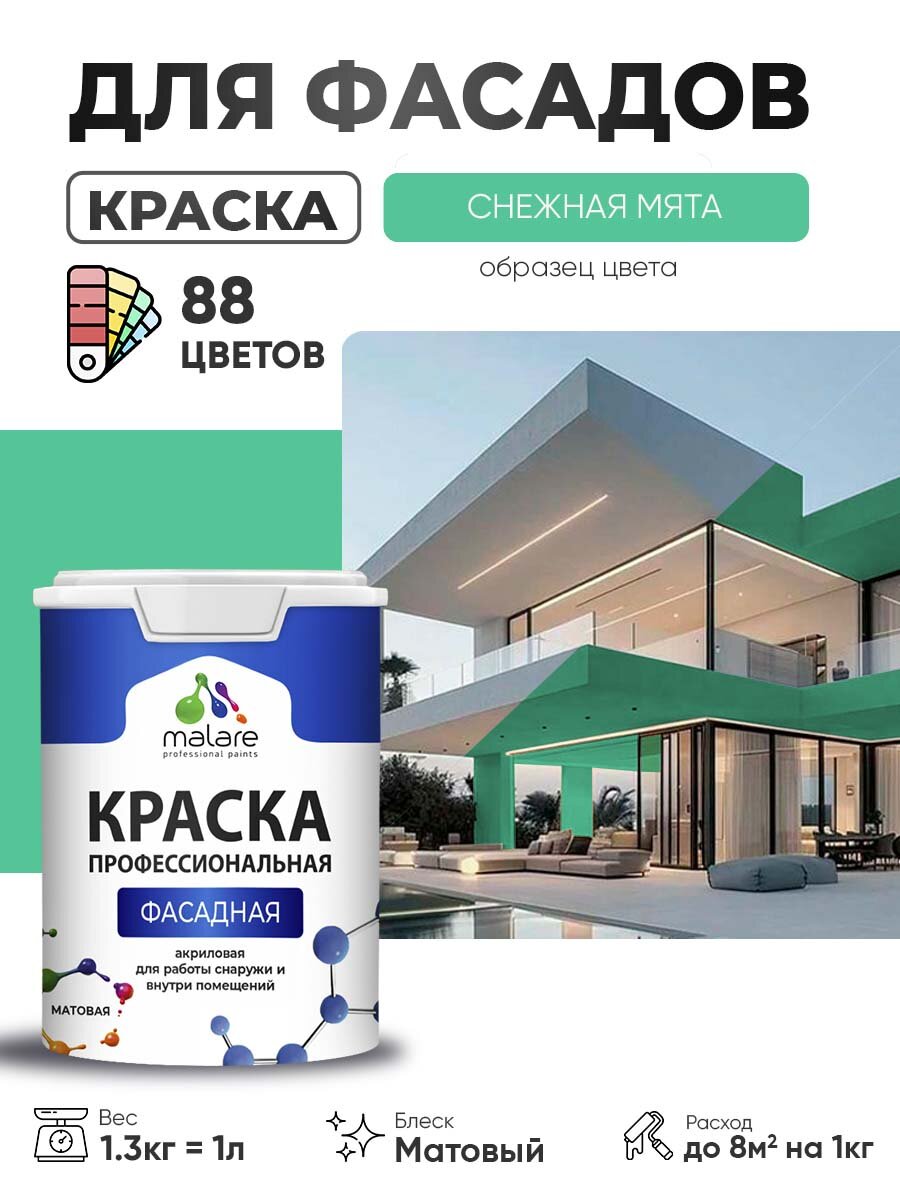 Краска Malare Professional фасадная по дереву, бетону и штукатурке, для камня и кирпича, без запаха, матовая, снежная мята, (1л - 1.3кг)