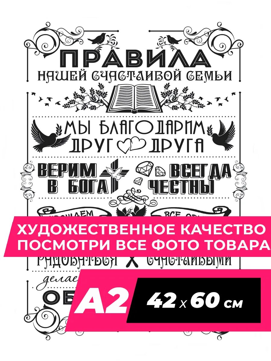 Постер Правила нашей семьи на стену размер A2, матовая фотобумага премиум качества
