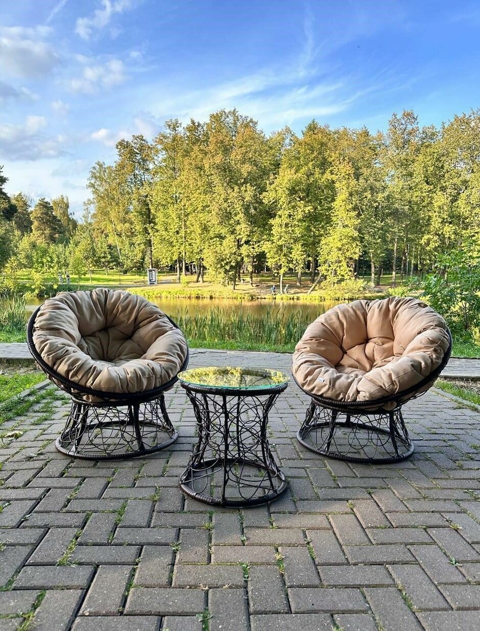 Набор садовый папасан коричневый 2 кресла, столик + 2 подушки (бежевый, полиэстер)
