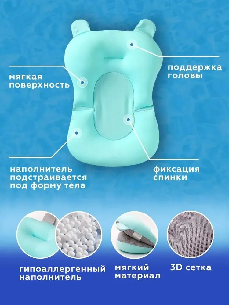 Гамак для купания новорожденных в ванночку, голубой / мягкая горка с креплениями для поддержки для малышей / купальный матрасик - подставка для мытья ребенка
