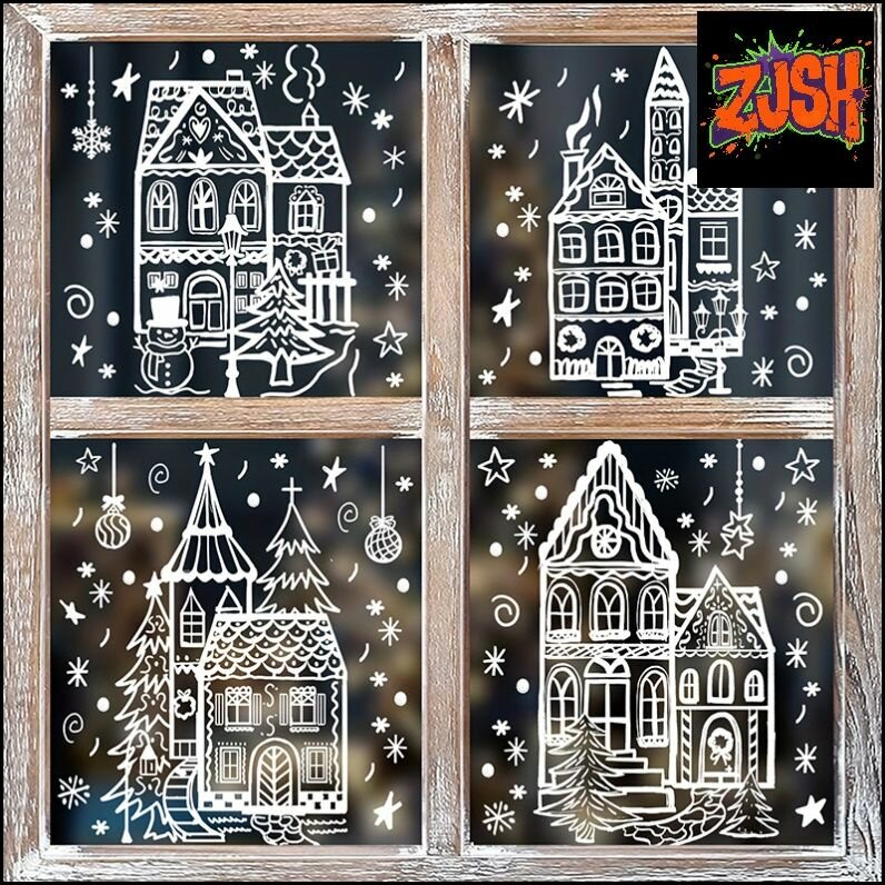 Эксклюзивный набор из 4 статических наклеек для окон с изображением белоснежного замка, размером 20х30 см, предназначен для новогоднего декора и рождественского оформления домашнего интерьера