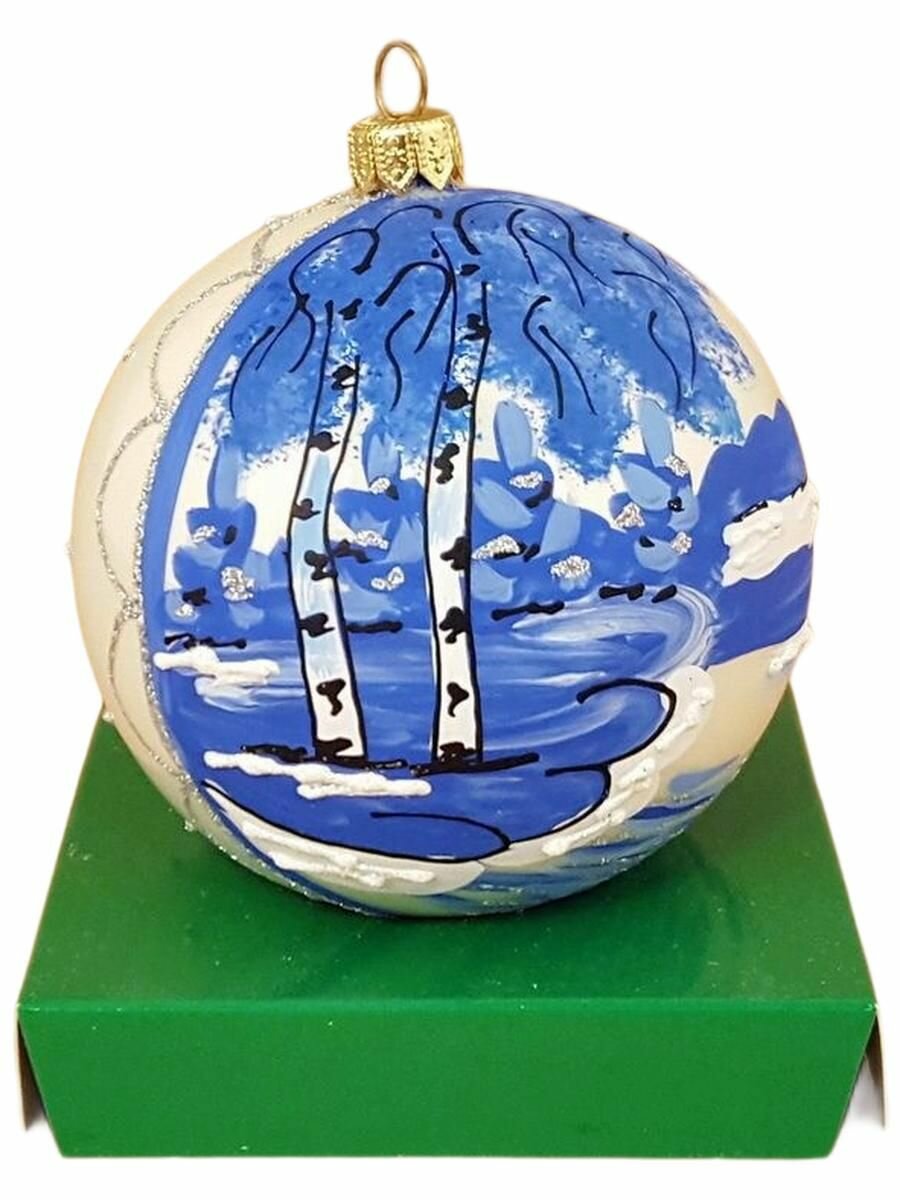 Ёлочный шар ручной работы 90 мм. Березки, коллекционная серия "Зима", стекло. Новогодние игрушки на елку, елочное украшение, ручная роспись.