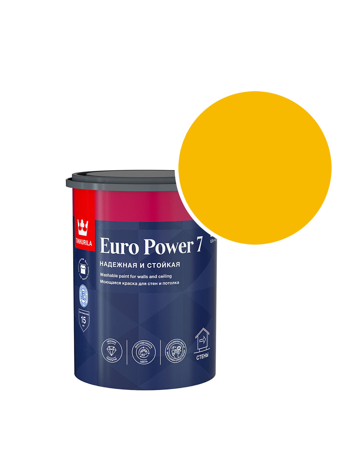 Краска моющаяся Tikkurila Euro Power 7 RAL 1023 (Транспортный желтый - Traffic yellow) 0,9 л