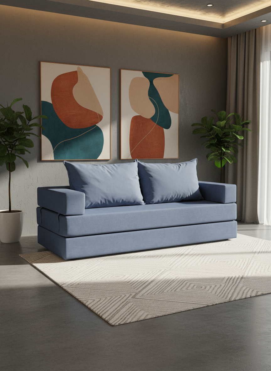 Бескаркасный диван "Брюссель-7", CityHD, синий велюр, спальное место 200х160, модульный